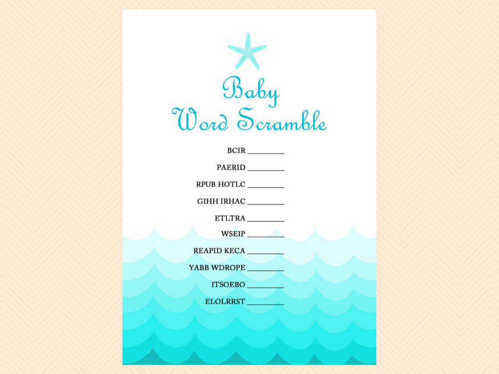 baby word scramble, Beach, Sea Waves, Nautical Baby Shower Games ...