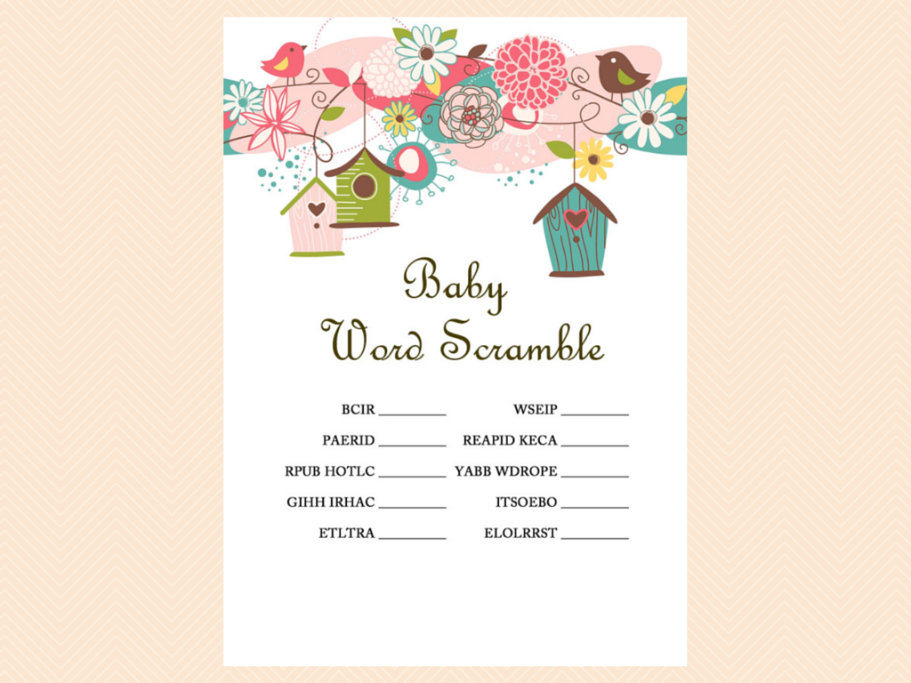 baby word scramble game, Baby Shower Games Printable Game Pack, Bird ...