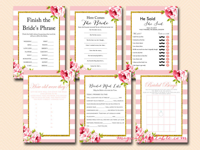 pink stripes bridal shower game package download - Magical Printable